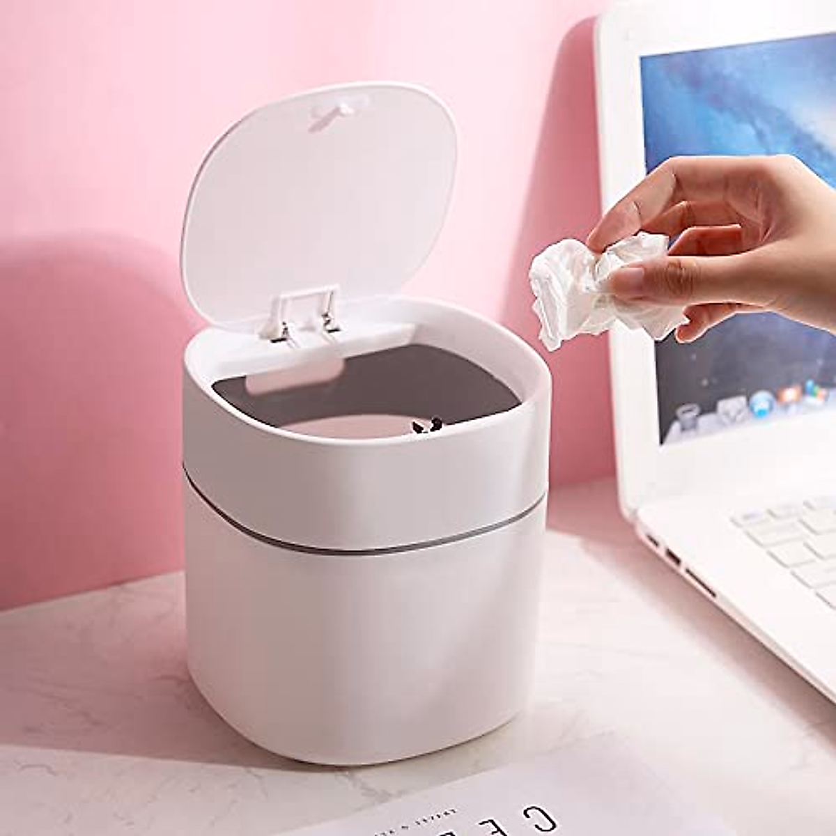 Lawei 2 Pack Mini Trash Can with Lid, 2 Liter/0.5 Gallon Countertop Trash Can Wastebasket Desktop Garbage Can for Bathroom Vanity, Desktop, Kitchen, Tabletopand Office