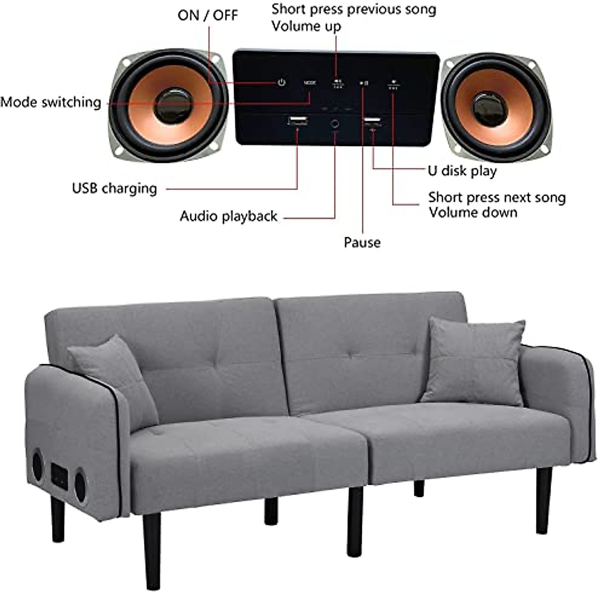 MWrouqfur 76" Convertible Folding Futon Sofa Bed with Bluetooth Speaker,Modern Linen Fabric Upholstered Sleeper Couch Bed,Recliner Loveseat with Armrest and 2 Pillows for Living Room,Bedroom,Office