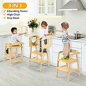 Montessori Educating Tower, Toddler High Chair & Step Stool with 3 Adjustable Height, Standing Kitchen Helper Bathroom Wood Safety Grow Seat, Multi-Function 3 in 1 for 1-12 Years