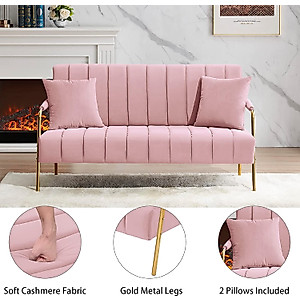 Majnesvon 61" Modern Loveseat Sofa Couch,Cashmere Fabric Small Love Seat w/2 Pillows and Metal Legs,2-Seater Upholstered Mini Sofa Couches for Small Space,Living Room Bedroom Apartments (Pink) (Pink)