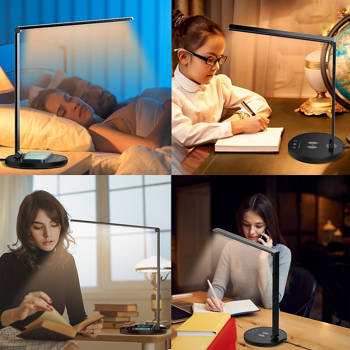 Fugetek LED Desk Office Lamp with Wireless Charger & USB Charging Port, 5 Light Color Modes, 5 Brightness Modes, Dimmer, Easy Touch Control, 30/60 Min Auto Off Timer, Eye-Caring, Black