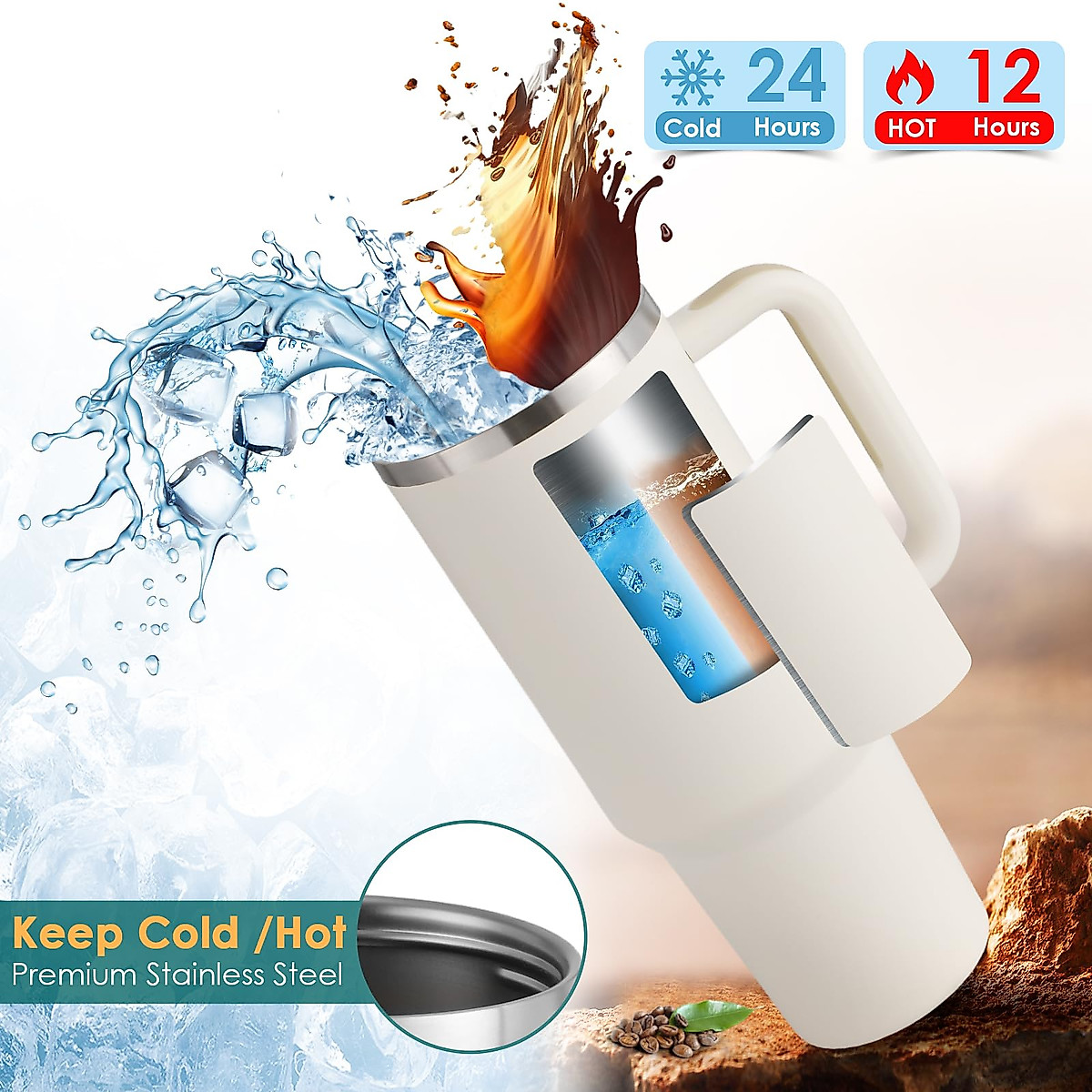 PIMDIR 40oz Tumbler with Handle Straw Lid, Stainless Steel Vacuum Insulated Reusable Travel Mug Keep Drinks Cold Ice Gym Cup, Gifts for Women Men Lovers, Car Holder Friendly, Cream White