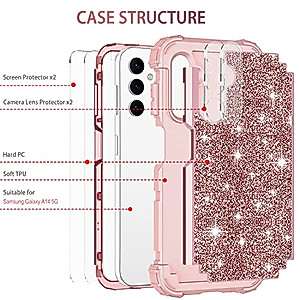 LONTECT for Galaxy A14 5G Case with 2 Tempered Glass Screen Protector+ 2 Camera Lens Protector,Three-Layer Shockproof Heavy Duty Full Body Sturdy Protective Case for Samsung Galaxy A14,Rose Gold