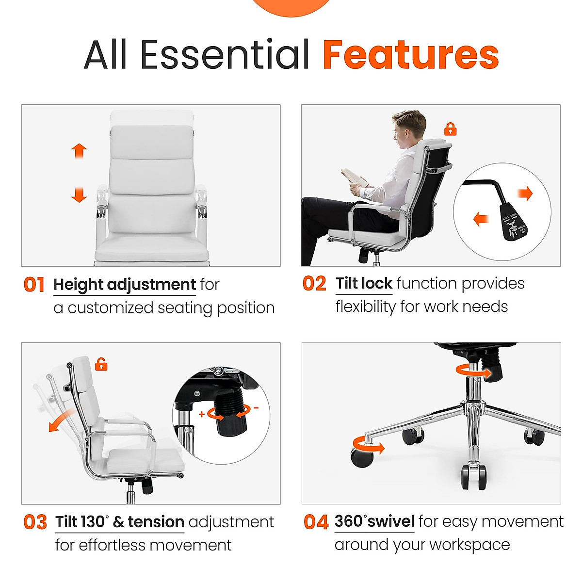 NEO CHAIR Office Desk Ergonomic Chair Leather Executive High-Back Modern Conference Comfy Adjustable Padded Swivel Rolling Home Vanity Chairs with Arms Wheels (White)