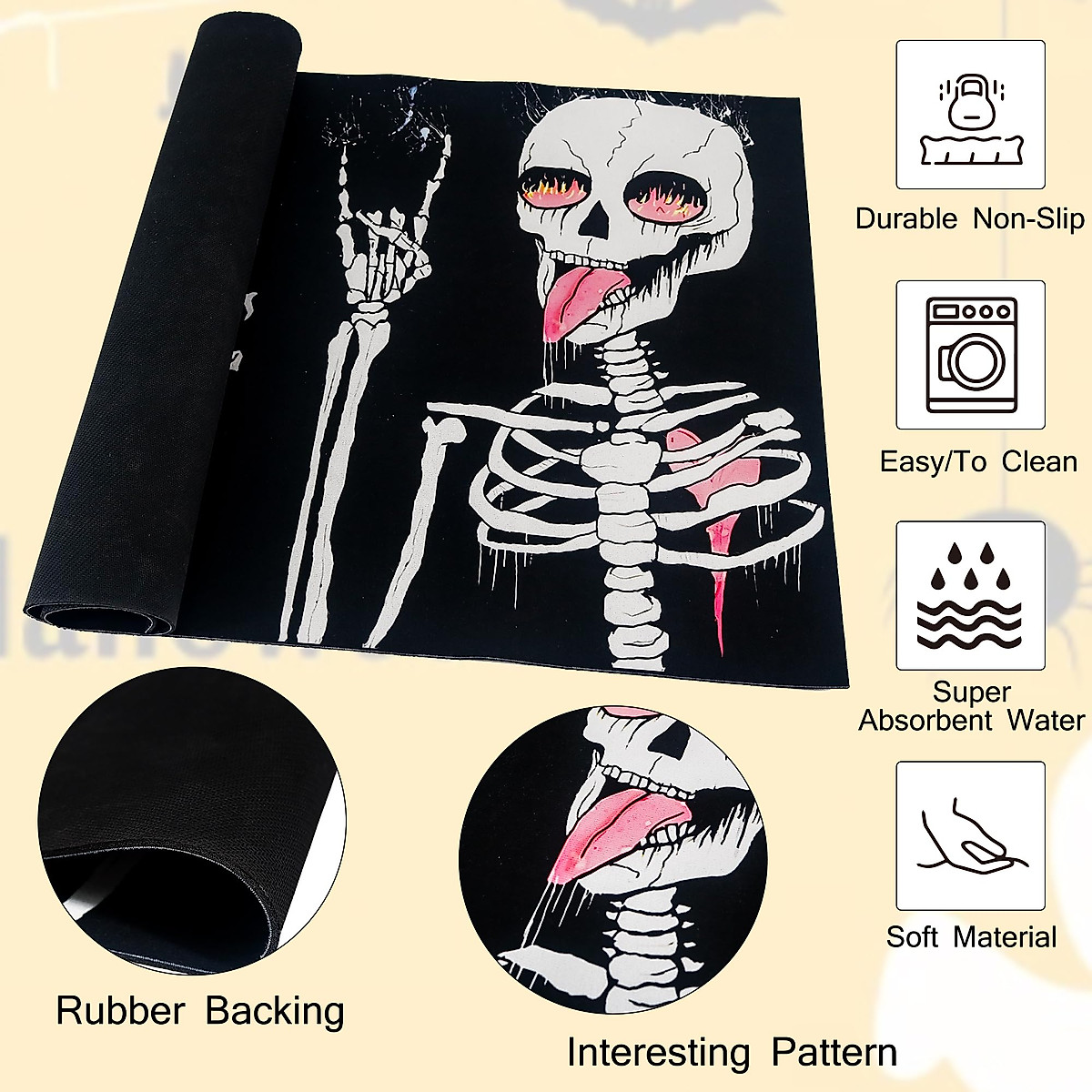 FramePro Halloween Rugs Door Mat Funny Skull Decor Welcome Mat Non Slip Indoor Outdoor Skull Rug Halloween Party Decor 17" X30"