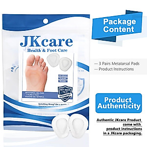 JKcare Gel Metatarsal Pads (Adhesive-Backed), Ball of Foot Cushions, Forefoot Support for Metatarsalgia, Morton’s Neuroma, Aching Feet Pain Relief- 6 Pack