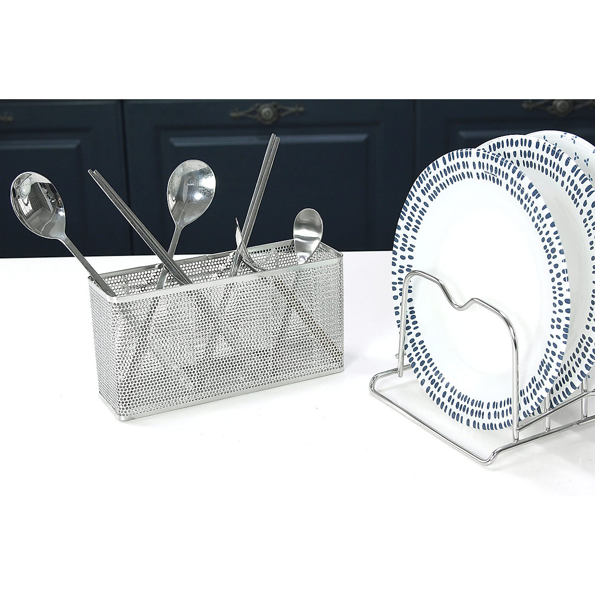 LENITH Kitchen Utensil Chopsticks Perforated Holder with Hooks - 304 Stainless Steel Storage for Organizer Dishwasher Safe (Large Rectangle)