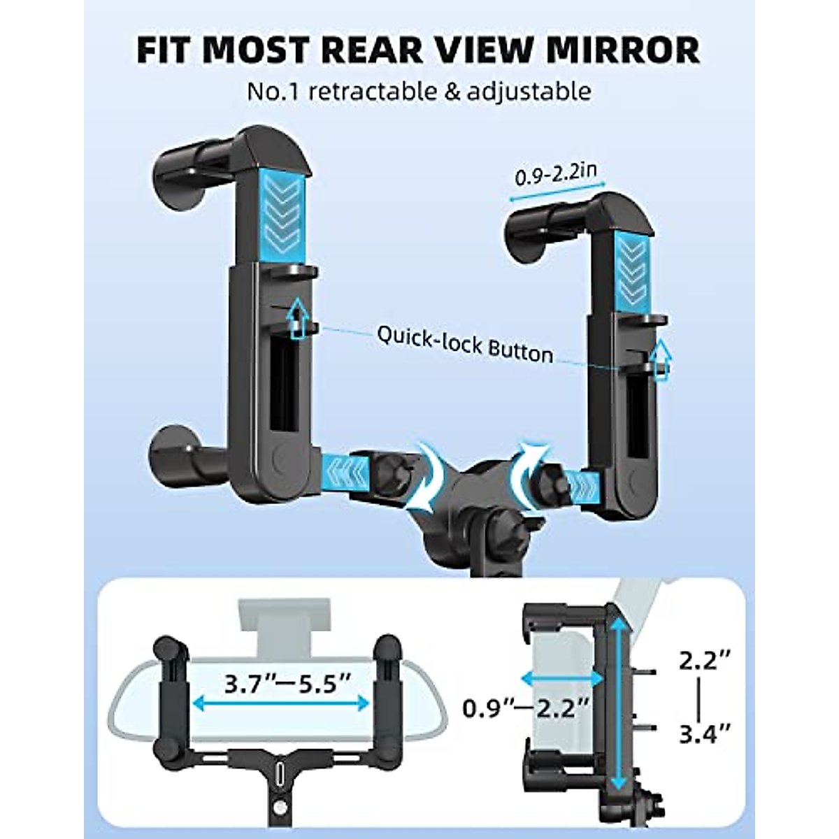 Phone Mount for Car【Large Rear Mirrors Friendly】 Rear View Mirror Phone Holder,【Upgraded 4 Clip More Stable】 360 Rotatable and Retractable Car Phone Holder Fit All Mobiles & Fits Bigger Vehicle