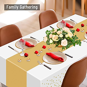 PLULON 12Pack Plastic Tablecloth and Satin Table Runner Set White and Gold Dot Rectangle Table Cover Gold Satin Table Runner for Wedding Birthday Baby Shower Picnic Kitchen Dinning Table Decorations