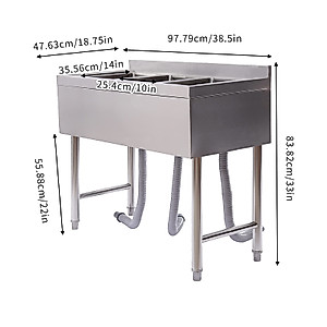 Stainless Steel Sink, 3 Compartment Stainless Steel Commercial Kitchen Bar Sink With 3 Drainboards, Commercial Kitchen Sink Prep Table, Modern Utility Basin With 3* Downpipes For Indoor Outdoor