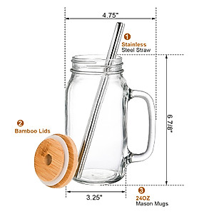 Tebery 4 Pack Mason Jar Cups with Bamboo Lids and Stainless Steel Straws, 24Oz Old Fashioned Drinking Jars Glass Bottles with Handle, Reusable Boba Cups for Iced Coffee Pearl Juices Cocktail