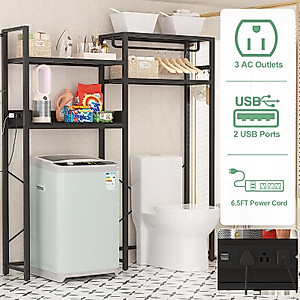 Aheaplus Over Washer and Dryer Shelves with Power Outlet, 4 Tiers Space Saver Laundry Room Storage and Organizer Standing Shelf, Metal Clothes Drying Rack with 1 Hanger Rod, 63" W x 77.2" H, Black