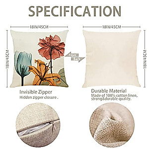Pillow Covers 18 X 18 Inch Set of 4, Floral Plants Decorative Pillow Covers Summer Outdoor Pillow Covers Linen Square Pillow Cases Sofa Cushion Case for Farmhouse Living Room Patio Home Decor