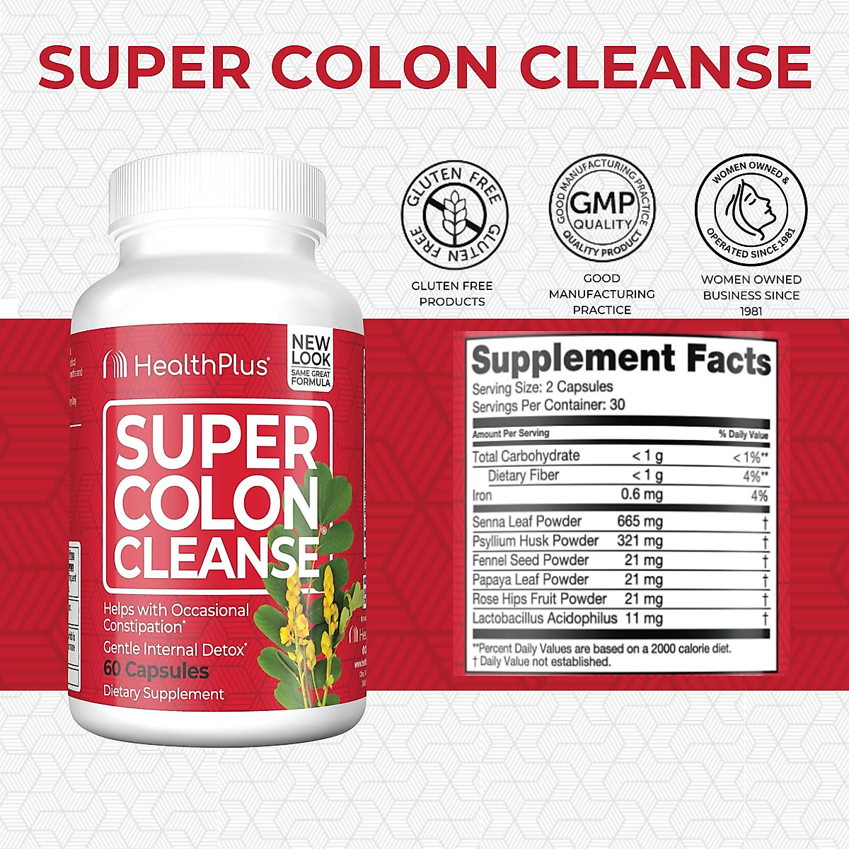 Health Plus Super Colon Cleanse 10 Day Gentle Gut Cleanse Detox, Psyllium Husk, Probiotics for Constipation Relief & Digestive Support, 60 Capsules