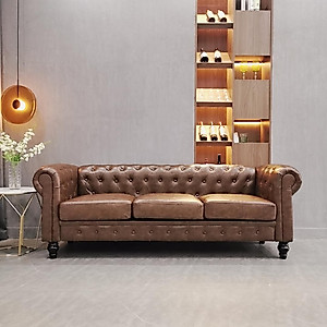 Lunanniu 88.2 Inch Classic Chesterfield Style PU Leather Sofa Rolled Arms Couch with Tufted Back Solid Wood Legs 3-Seater Couch for Living Room Elegant and Timeless Design Comfortable Seating Brown