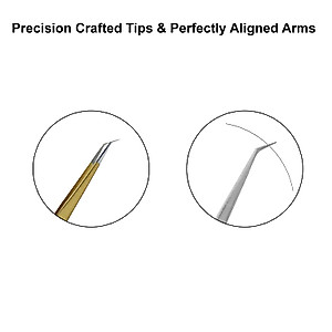 Tweezers for Eyelash Extension - Long 45° Angular Tip Tweezers - Hand Crafted Surgical Stainless Steel Precision Tweezers (Metallic Gold Powder Coated)
