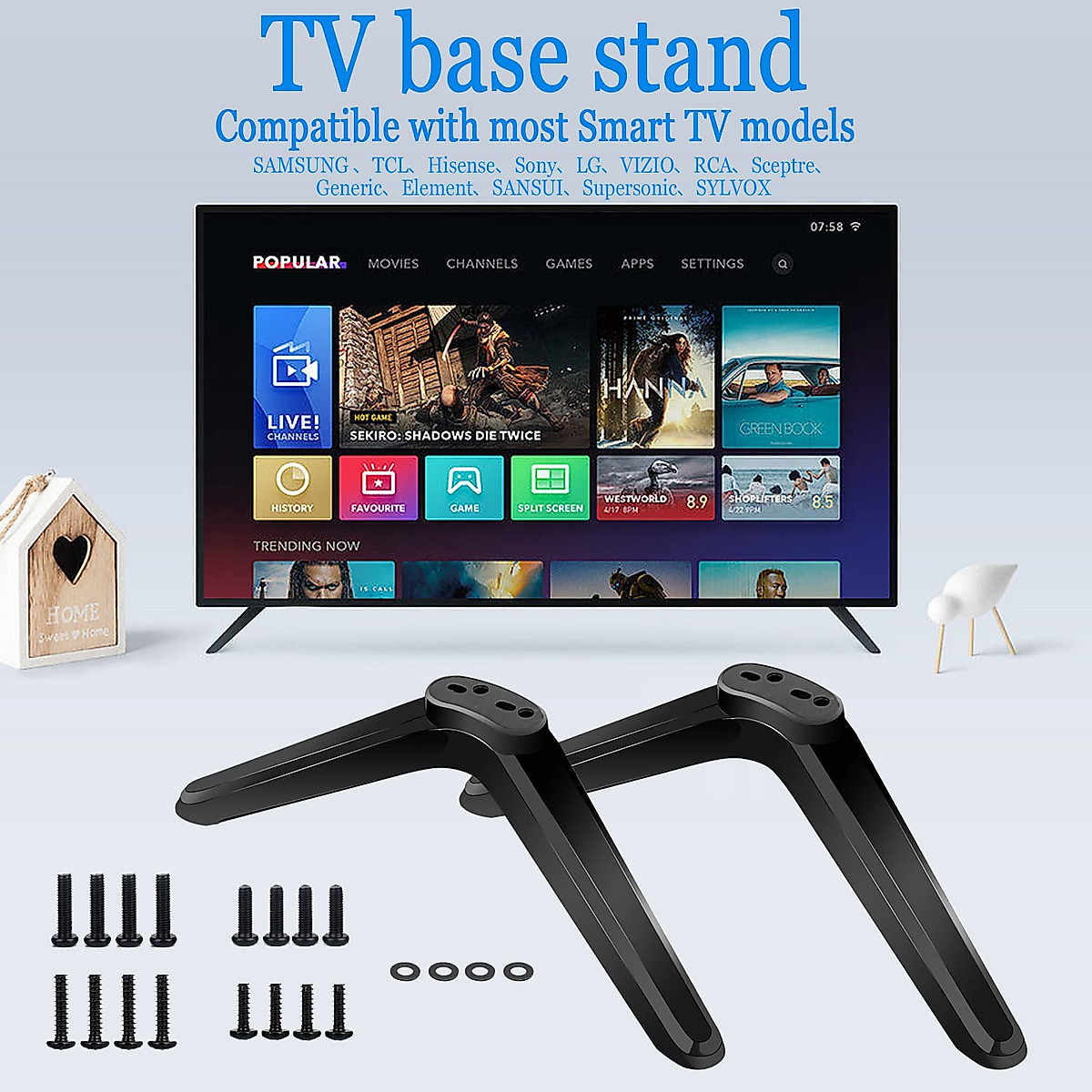 Universal TV Stand Legs,Table Top TV Stand Base Replacement Legs for Most 27 to 55 Inch LCD LED LG Sony VIZIO TCL KONKA TVs, with Cable Management, Hold up to 99lbs - Black