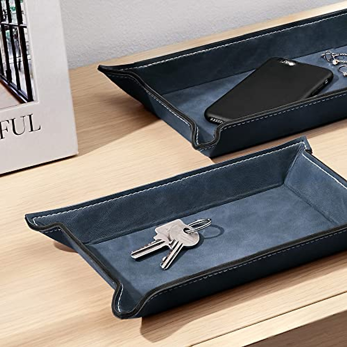 Navaris Faux Leather Tray Set - 2 Valet Organizer Trays for Bedside Table, Night Stand, Desk - Store Keys, Change, Wallet, Phone, Glasses - Navy Blue