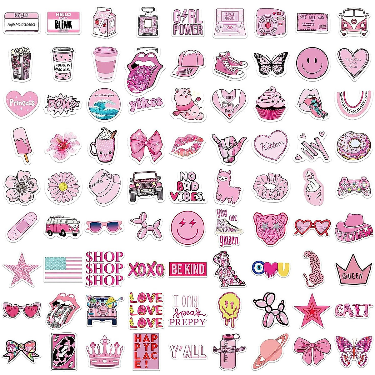 102 Pcs Preppy Stickers Vinyl Aesthetic Waterproof Stickers Adorable Decor Supplies Pink Party Suitable for Mobile Phone Computer Skateboard Water Bottle Suitcase Car etc