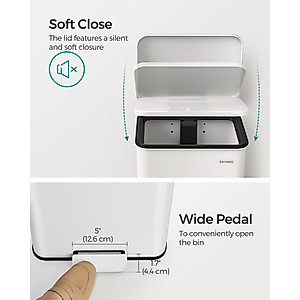 SONGMICS Kitchen Trash Can, 10.5 Gallon (40 L) Garbage Can, Large Step Trash Bin with Lid, Stainless Steel, Soft Close, 15 Trash Bags Included, White ULTB540W40