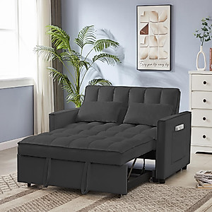Lepfun 3 in 1 Convertible Sleeper Sofa Couch with Pull Out Bed, Small Futon Loveseat Lounge Chaise with Reclining Backrest and Armrest, Upholstered Love Seats Sofabed, Black Velvet