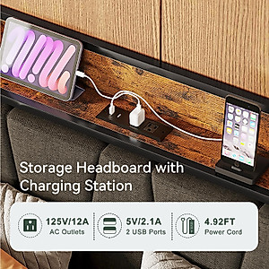 ClouDDwell Queen Size Bed Frame and Headboard with Charging Station, Queen Bed Frame with Storage, Heavy Duty Steel Support, No Box Spring Needed, Squeak Resistant, Rustic Brown and Grey