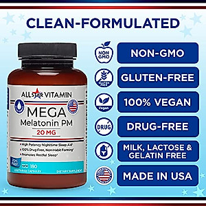 All-Star Vitamin Mega-Melatonin PM 20mg, High Potency, 180 Vegetarian Capsules, Clean-Formulated, Non-GMO, Gluten Free, Vegan, Drug-Free