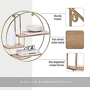 MH London Round Gold Shelf - Lemar Circle Wall Shelf Made from Metal and Wood I Gold Accent Decor Suits Bedrooms, Bathrooms, Kitchens, Living Rooms & Halls | Decorative Modern Display Shelf Size