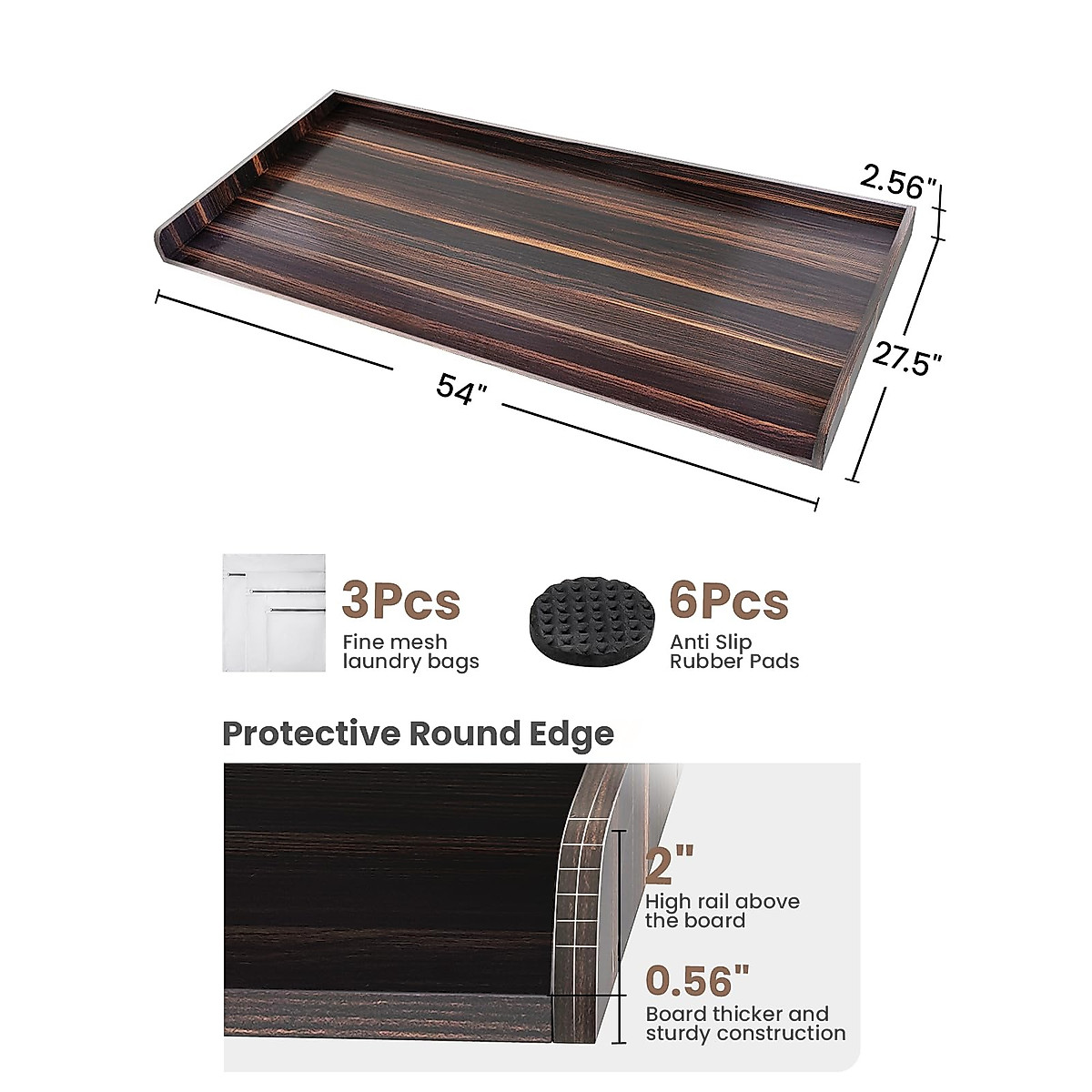 Toemics Washer Dryer Countertop, 27.5" x 54" Laundry Room Organization Shelf with Edge Rails for Washer and Dryer, Durable Melamine Finish, Non-Slip Pads, and 3 Laundry Bags, Eucalyptus