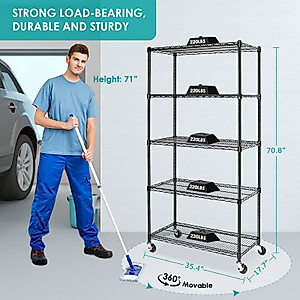 5 Tier Wire Shelving Rack with Wheels, 5 Tier Black Shelving Unit with NSF Certified, Adjustable Rolling Storage Metal Shelves, 18"D X 35.5"W X 71"H, 330Lbs Capacity, For Kitchen, Pantry, Garage