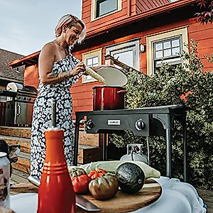 Gas One Propane Double Burner Two Burner Camp Stove with Windscreen Outdoor High Pressure Propane 2 Burner Adjustable PSI Regulator and 4ft Steel Braided Hose With Removable Legs