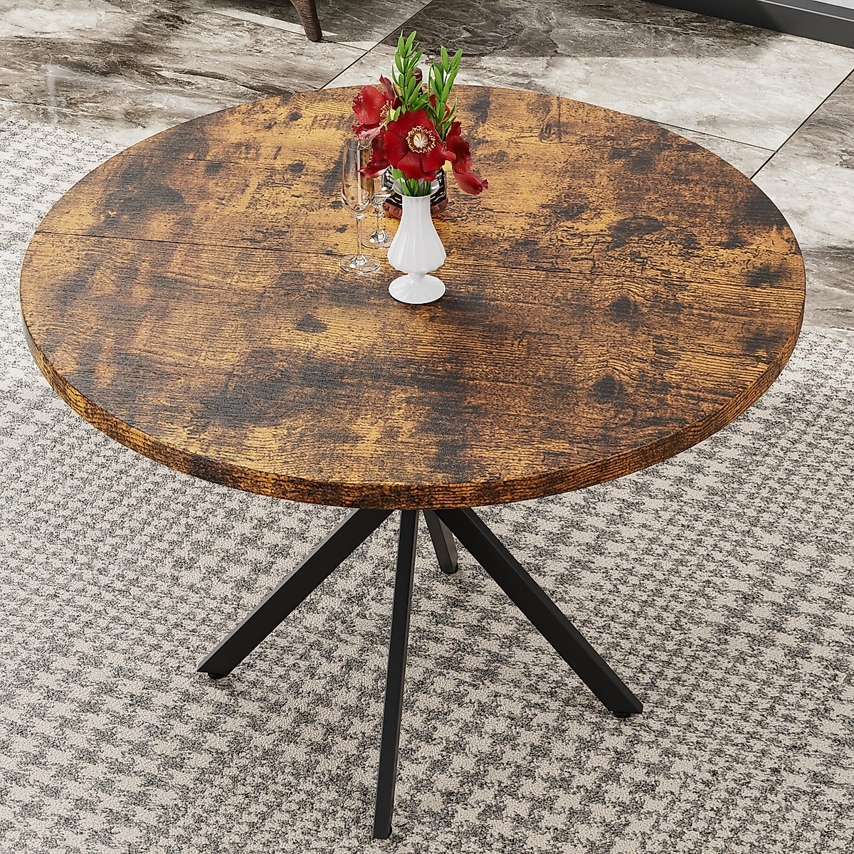 DKLGG Brown Round Dining Table, Mid-Century Modern Round Dining Table for 4-6 Person, 39" Coffee Table with Metal Black Legs for Cafe/Bar Kitchen Dining Office, Save Space (only Table)