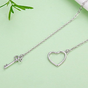 Presentski 925 Sterling Silver Y Lariat Necklace Chain Valentines Day Jewelry with Infinity Key Pendant,Love Heart Necklaces for Women Daughter