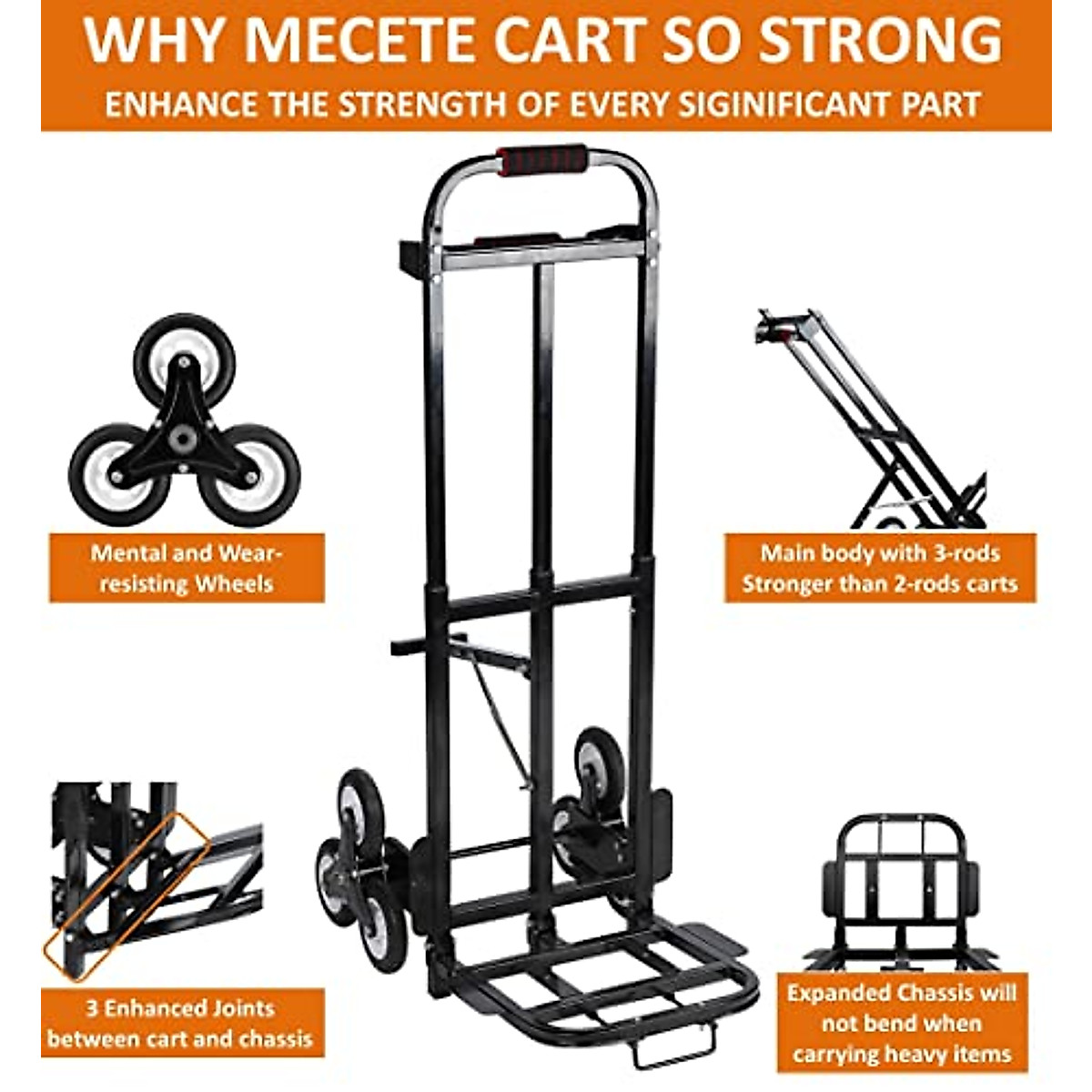 Mecete Hand Truck Dolly – Stair Climbing Cart, Stair Climber Cart 460 Lb Capacity All Terrain Stair Dolly Heavy Duty with Telescoping Handle and 6 Wheels (Black) Hand Truck 2 Climbing Ropes