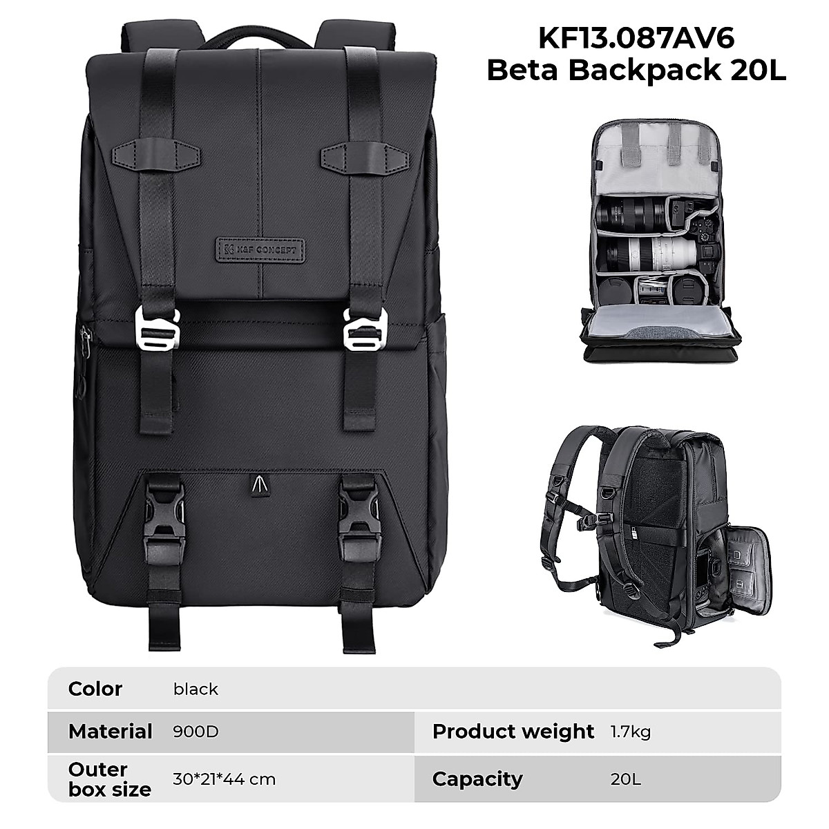 K&F Concept Camera Backpack, Camera Bags for Photographers Large Capacity Camera Case with Raincover,15-15.6 Inch Laptop Compartment Compatible for Canon/Nikon/Sony/DJI Mavic Drone(Backpack 20L)