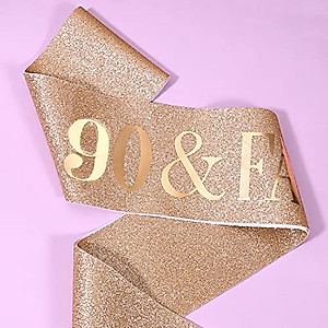 LUTER 5pcs 90th Birthday Crown and Sash Set, Sweet Rhinestone Tiara Queen Sash with Pin Cake Toppers Candles Birthday Decorations for Girls Women (Pink)