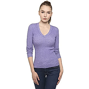AmélieBoutik Women Cotton Blend V Neck Long Sleeve Ribbed Sweater (Heather Purple X-Large)