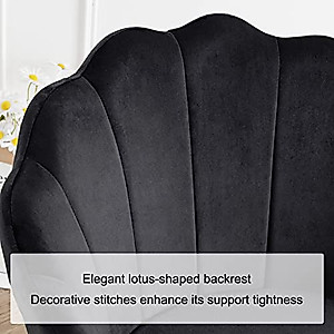 Furnimart Black Home Office Chair with Wheels Upholstered Comfy Velvet Desk Chair Stool, Cute Adjustable Swivel Modern Seashell Back Vanity Chair for Living Room, Bedroom, Office (Black)