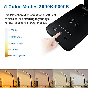 Desk Lamp LED Dimmable, Desk Lamp with Wireless Charger, USB Charging Port, Touch Control LED Desk Lamp with 6 Brightness Levels and 5 Lighting Modes