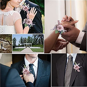 lengenyen Pink Corsage and Boutonniere Set，2pcs Artificial Rose Wrist Corsage for Groom Bride Groomsmen Bridesmaids, Men Boutonniere for Prom Party Wedding Decorations(Pink)