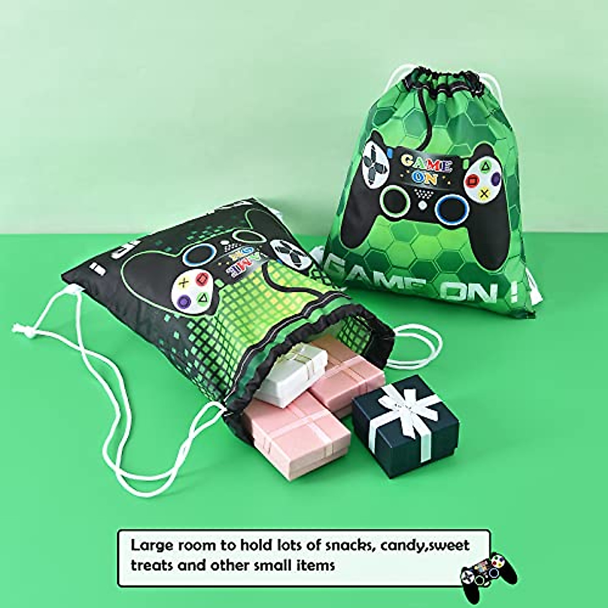 WERNNSAI Video Game Party Loot Bags - 12 Pack 10'' x 12'' Game On Theme Gifts Bags for Boys Drawstring Backpack Goodie Candy Favor Bags Birthday Party Supplies