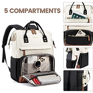 LOVEVOOK Laptop Backpack for Women, 15.6 Inch Work Business Backpacks Purse with USB Port, Large Capacity Teacher Nurse Bag College Bookbag, Waterproof Casual Daypack for Travel,Black-White-Brown