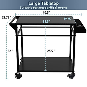 Koutemie Outdoor Grill Cart Table with 4 Wheels for Blackstone 17" or 22", Movable BBQ Food Prep Table Top, Double-Shelf Metal Pizza Oven Worktable with Spice Tray for Patio, Backyard, Black