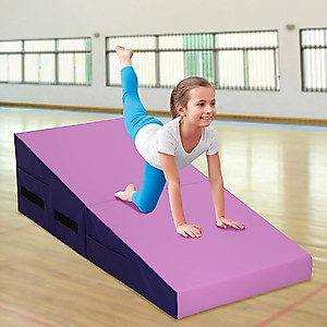 Gymnastics Mat 48x24 Inch Folding Incline Gymnastics Mat with Handle for Kids' Indoor/Outdoor Exercise, Tumbling, Skill Training, Gym Exercise, Cheese Mat, Gymnastics Wedge (Pink)