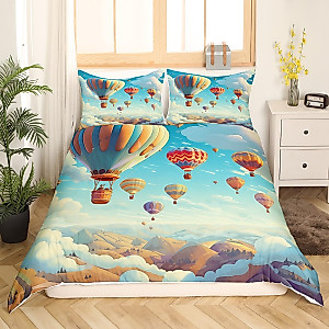 Feelyou Hot Air Balloon Bedding Set Colorful Hot Air Balloon Duvet Cover for Kids Boys Girls Mountains Comforter Cover Blue Sky White Clouds Bedspread Cover with 1 Pillowcase 2Pcs Bedding Twin