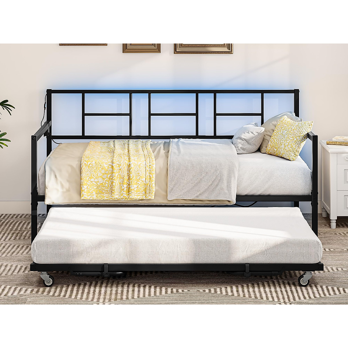 YITAHOME Twin Daybed with RGB LED Lights & Charging Station, Height Adjustable Day Bed Frame with Trundle, Versatile Metal Sofa Bed Frame for Bedroom, Living Room, Guest Room, Black