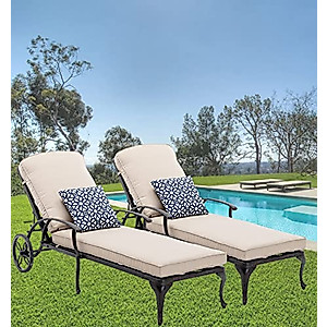 Luccalily Chaise Lounge Patio Chair with Wheels, Adjustable Reclining Rust-Resistant Aluminum Cast Poolside Chaise Lounge Furniture Set of 2, Waterproof Beige Cushion