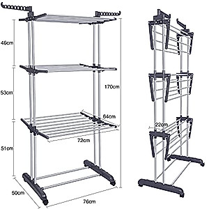 Bigzzia Clothes Drying Rack Folding Clothes Rail 3 Tier Clothes Horses Rack Stainless Steel Laundry Garment Dryer Stand with Two Side Wings Grey