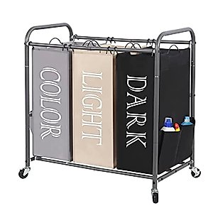 STORAGE MANIAC 3 Section Laundry Sorter, 3 Bag Laundry Hamper Cart with Heavy Duty Rolling Lockable Wheels and Removable Bags, Laundry Organizer Basket Clothes Separator Hamper, Multicolored
