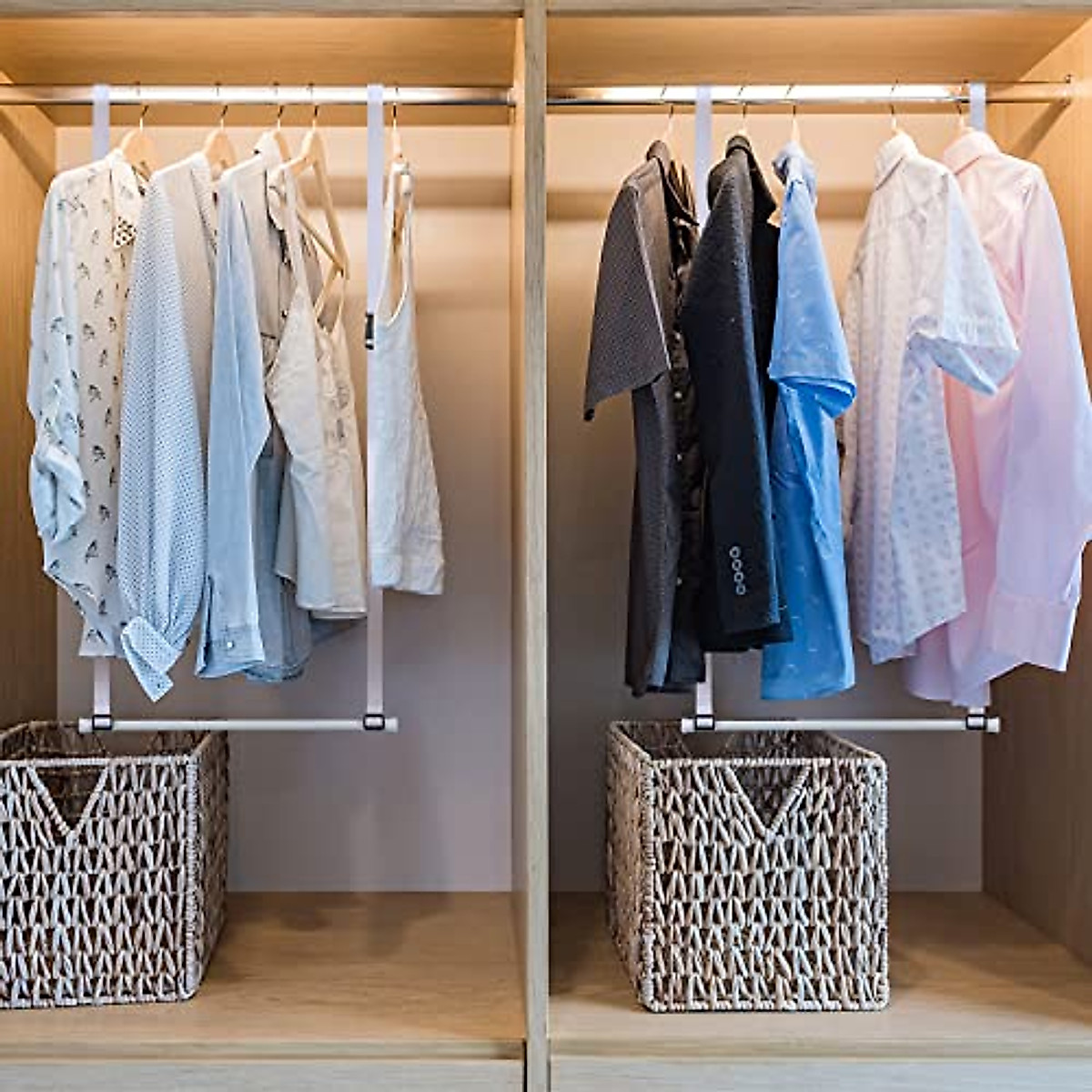 Amyhill 2 Pack Double Hanging Closet Rod Extender Width and Height Adjustable Closet Hanging Rod Extension Organizer Space Saving Clothes Hanging Bar with 4 Pcs Nylon Bands for Closet Clothes Storage